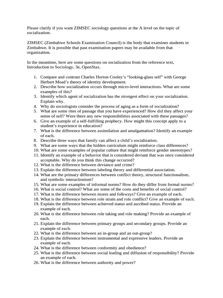ZIMSEC Sociology Questions at The A Level On The Topic of Socialization ...