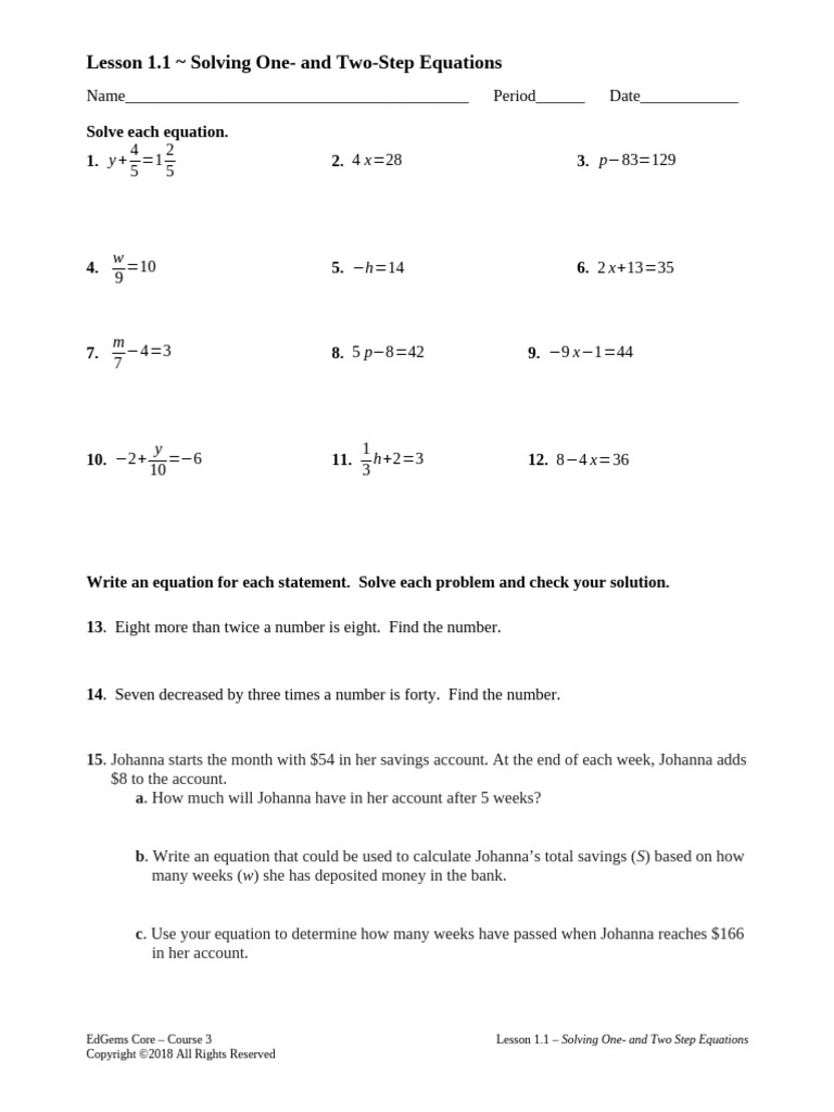 Lesson 1.1P Solving One - and Two-Step Equations | PDF