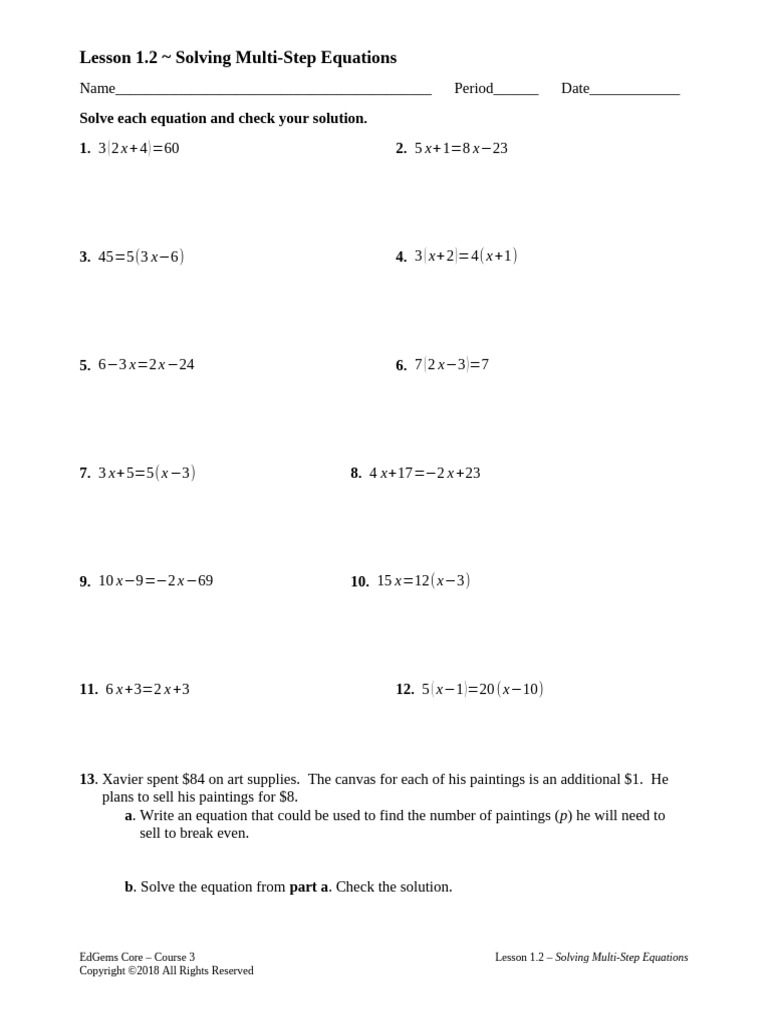 Lesson 1.2P Solving Multi-Step Equations | PDF