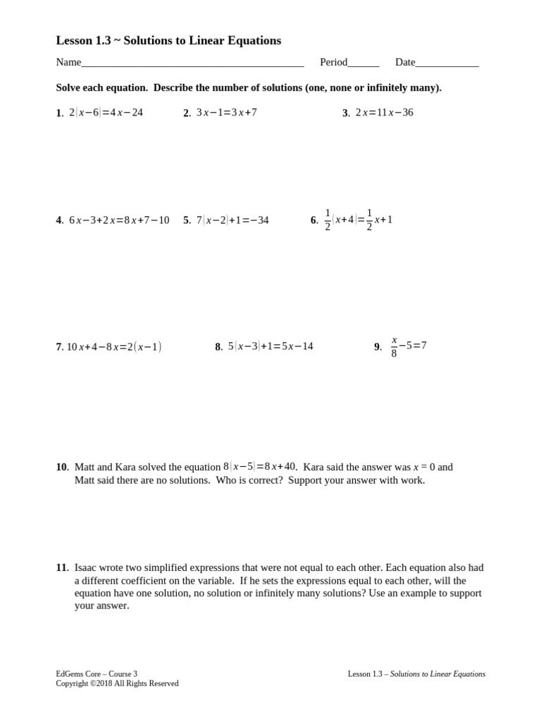 Lesson 1.3P Solutions To Linear Equations | PDF