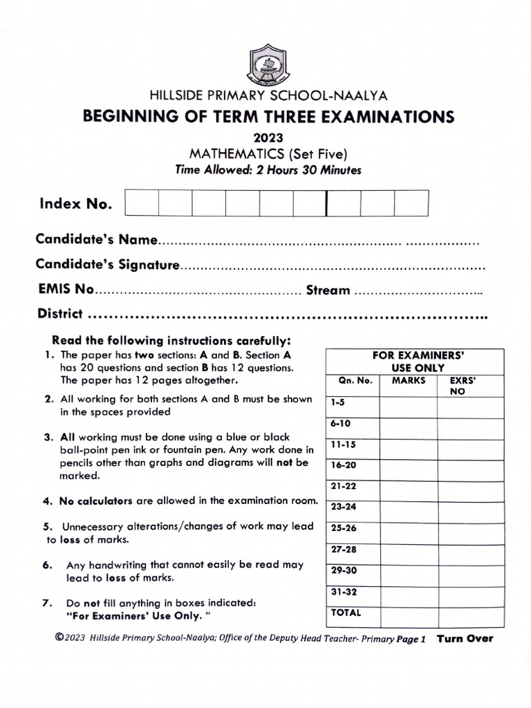 Hillside p7 Term 3 MTC Set 6 | PDF
