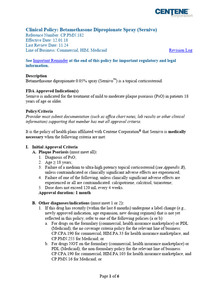 Betamethasone Dipropionate Spray (Sernivo) | PDF | Topical Medication ...