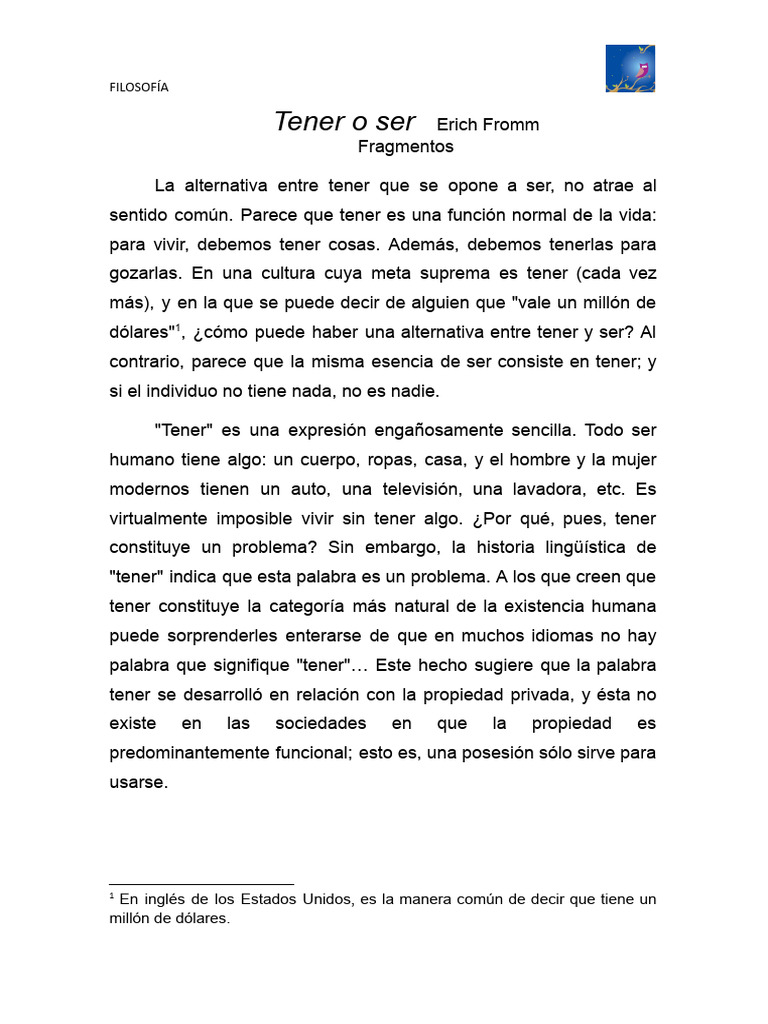 Tener o Ser Erich Fromm | PDF | Existencia | Propiedad