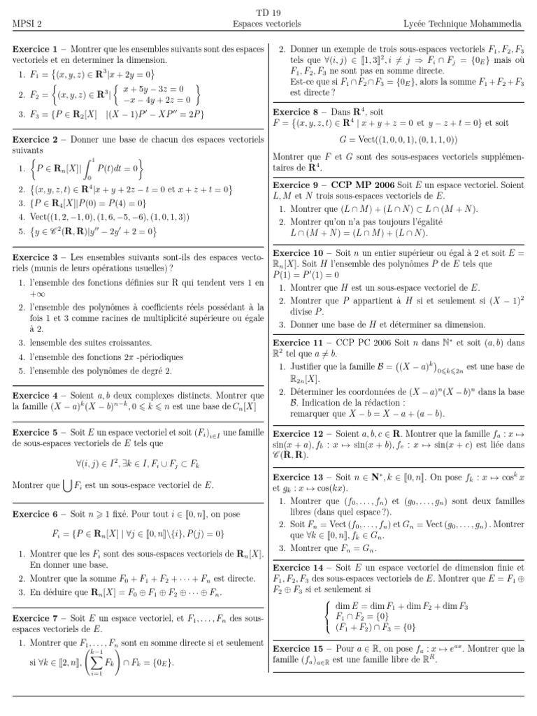 Espaces vectoriels : exercices et démonstrations | PDF | Algèbre ...