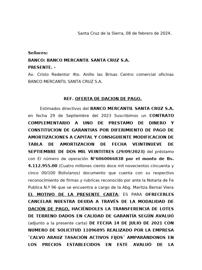 Carta Notariada Dacion de Pago Mercantil | PDF | Pagos | Dinero
