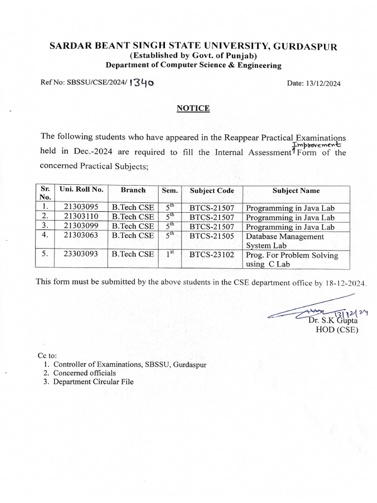 Notice - Internal Assessment Improvement Form | PDF