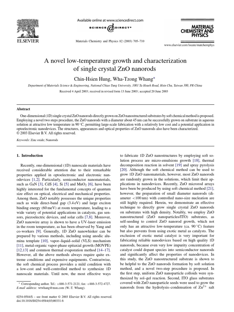 A Novel Low-Temperature Growth and Characterization of Single Crystal Zno Nanorods | PDF | Zinc ...