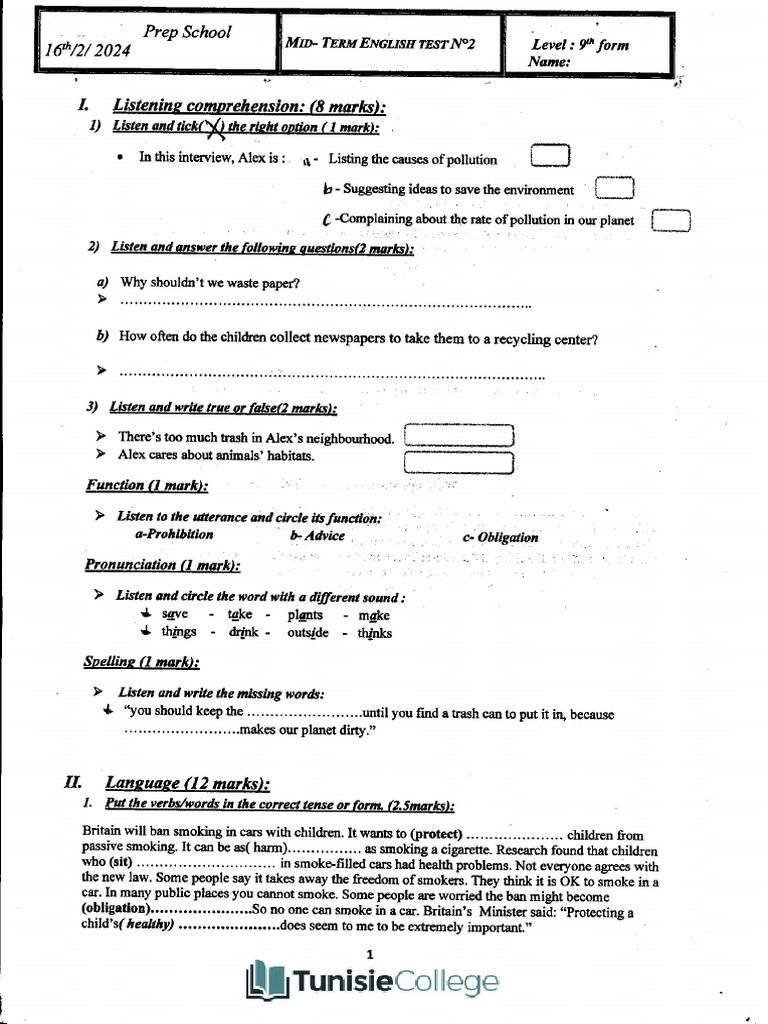 Devoir de Controle N°2-English-9ème (2023-2024) | PDF