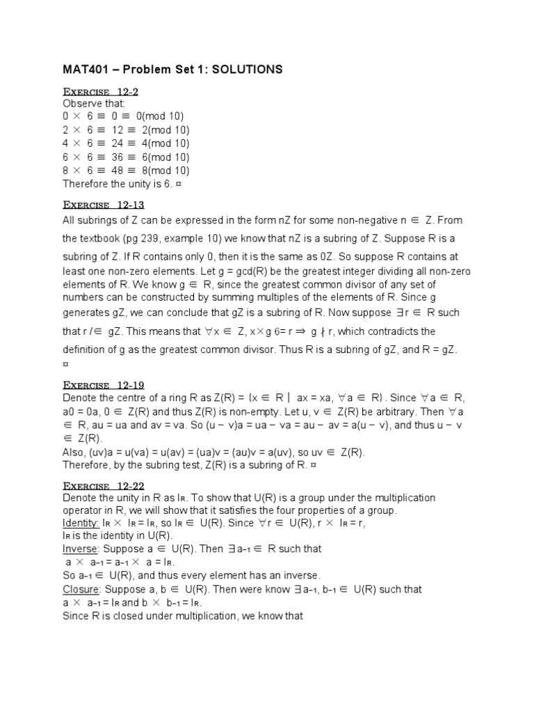 MAT401 - Problem Set 1: SOLUTIONS | PDF | Integer | Ring (Mathematics)