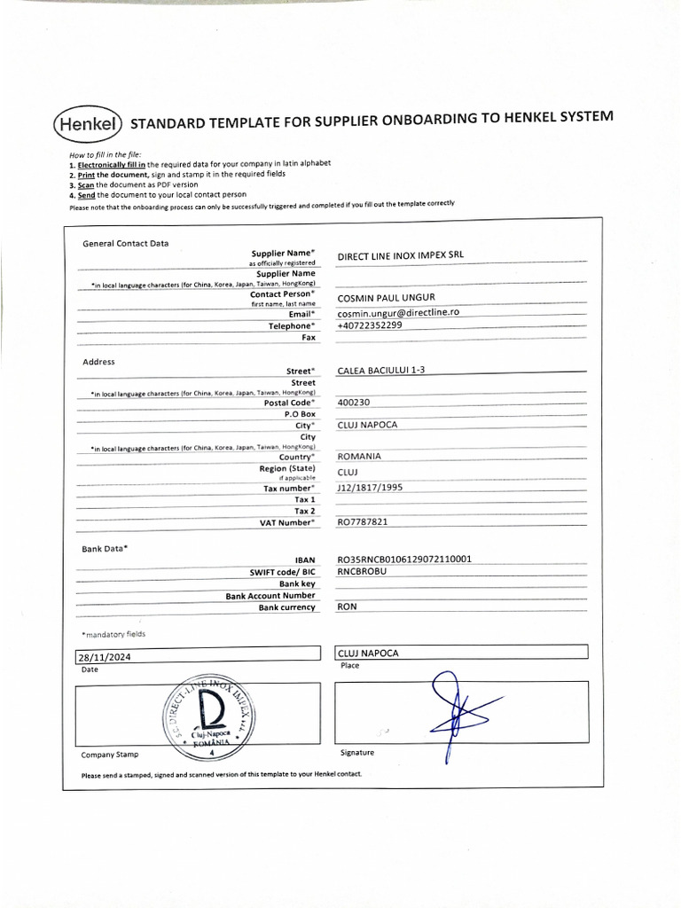 Standard Template For Supplier Onboarding To Henkel System - DIRECT ...