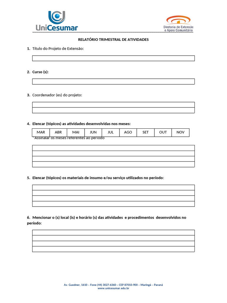 Formulario para Relatorio TRIMESTRAL Projeto de Extensao | PDF