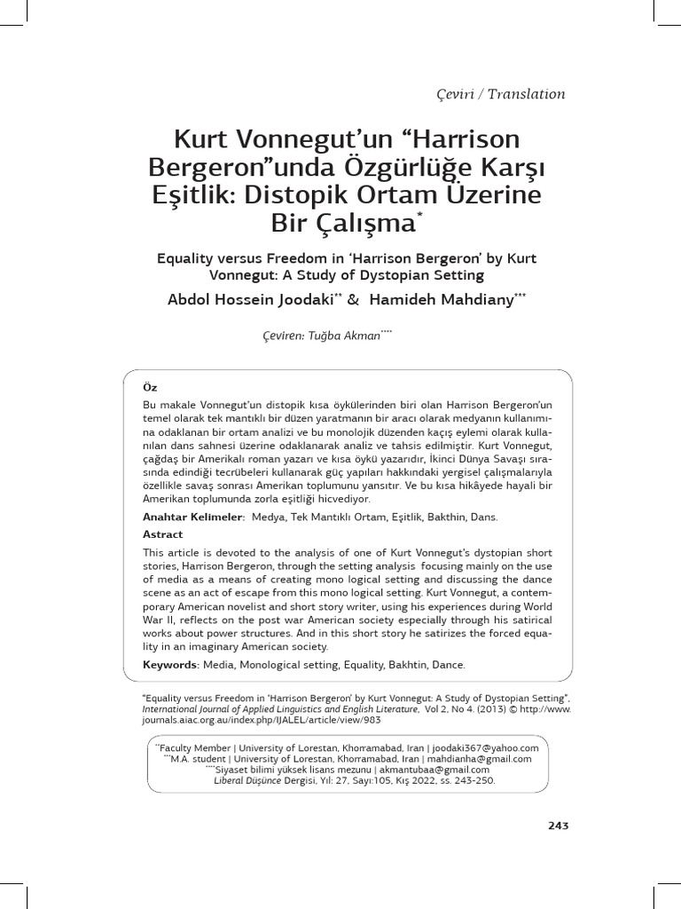 Kurt Vonnegut Un Harrison Bergeron Unda ZG RL e Kar E Itlik Distopik ...