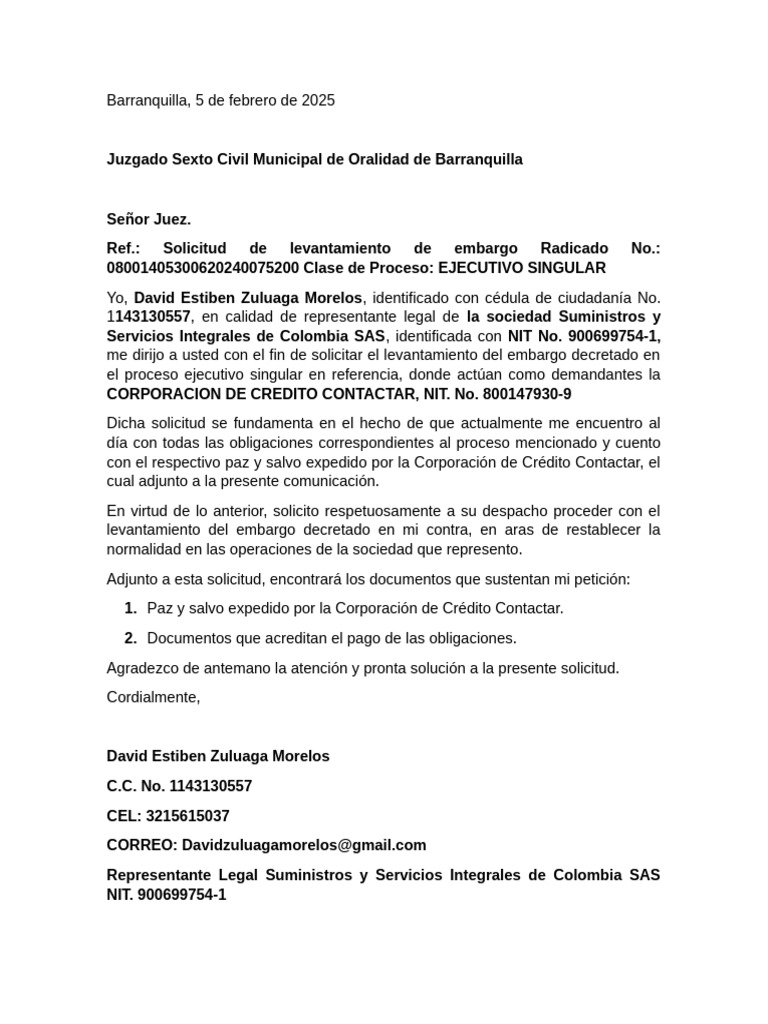 Solicitud Levantamiento de Embargo Al Juzgado | PDF