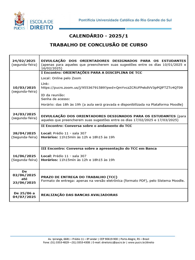 Calendário TCC PUCRS 2025 | PDF