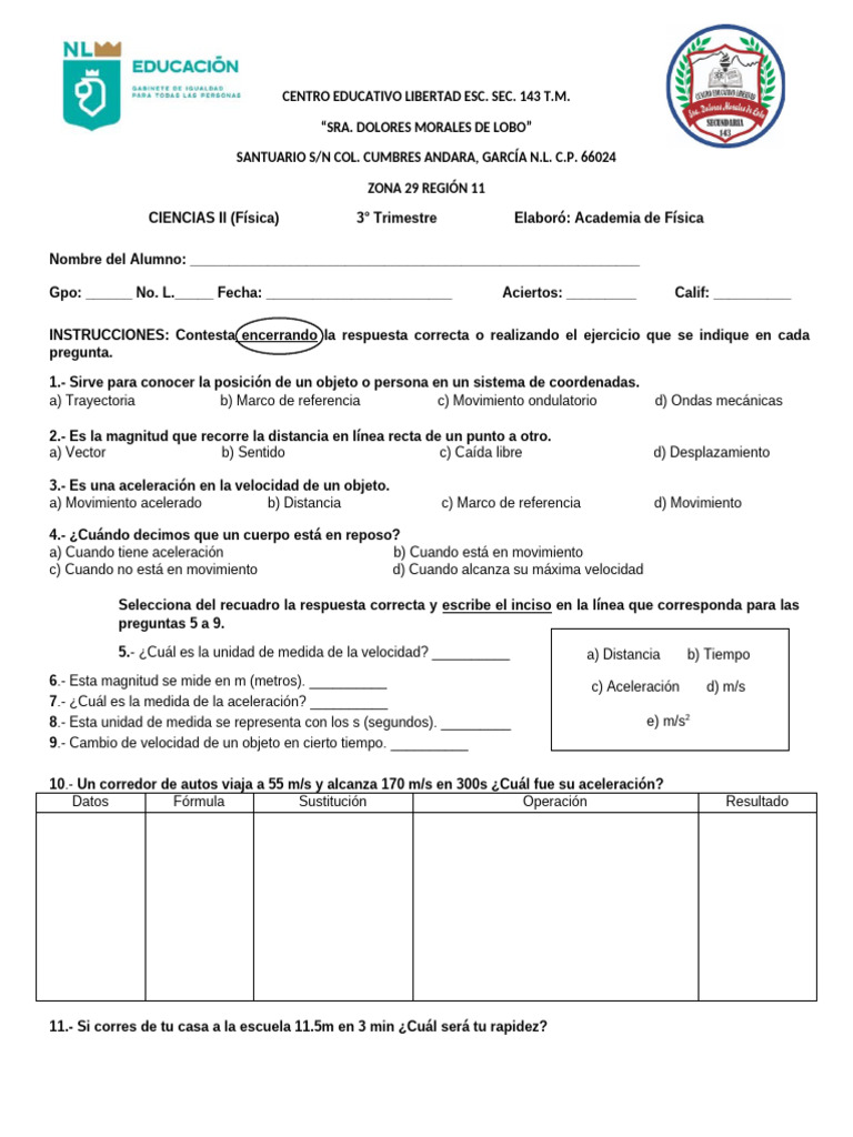 Ex 1 Trimestre Fisica | PDF | Velocidad | Vector Euclidiano