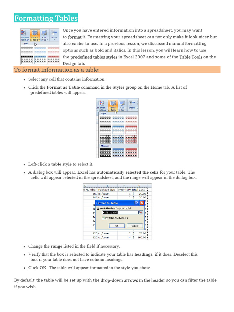11. Formatting Tables | PDF | Spreadsheet | Microsoft Excel