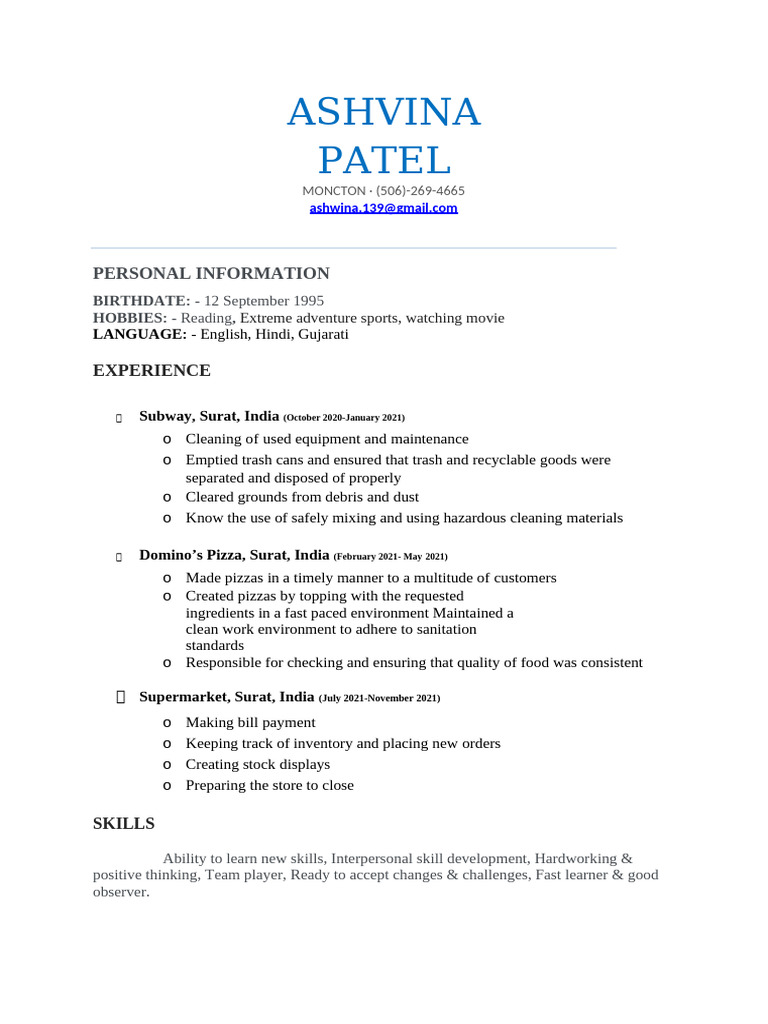 Ashvina Patel's Work Experience Summary | PDF