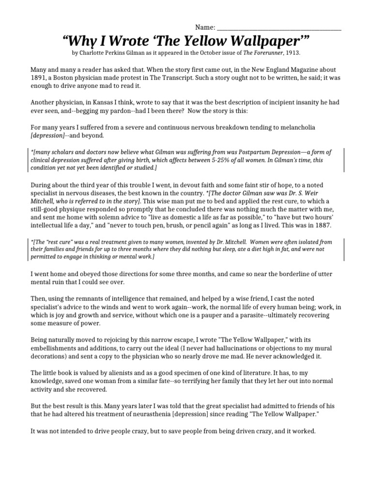 Gilman's "The Yellow Wallpaper" Explained | PDF | The Yellow Wallpaper