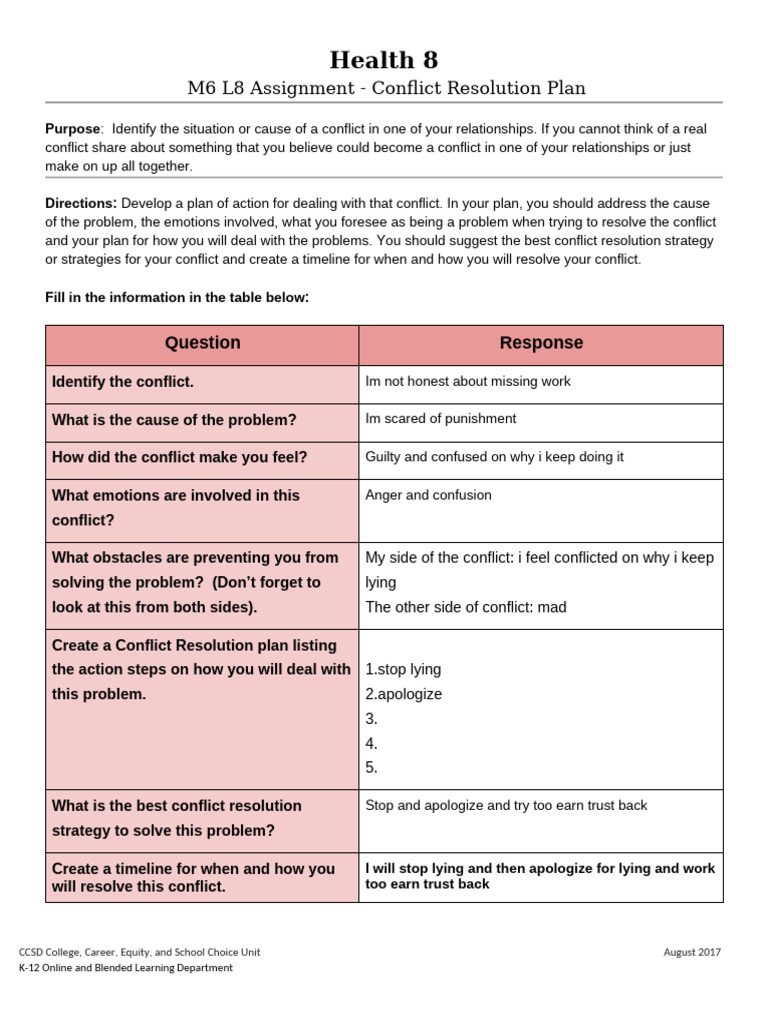Health 8 - M6 L8 Assignment - Conflict Resolution Plan | PDF | Conflict Resolution | Behavioural ...