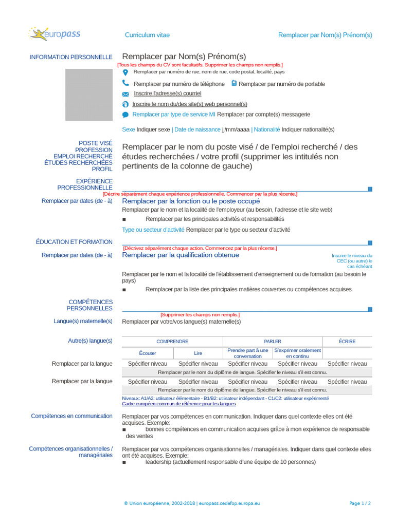 Modèle CV Union Européenne Word | PDF
