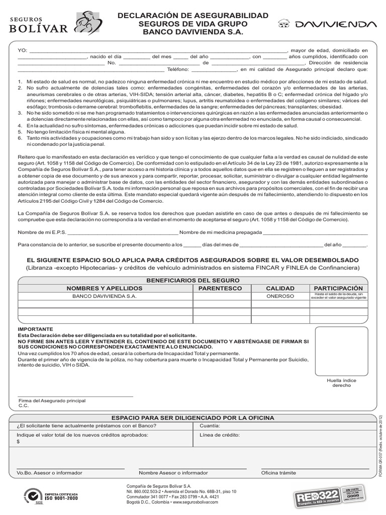 Declaración de Asegurabilidad | PDF | Seguro | Enfermedades y trastornos