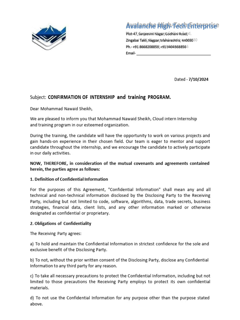 Internship Confirmation and Agreement | PDF | Legal Remedy | Breach Of Contract