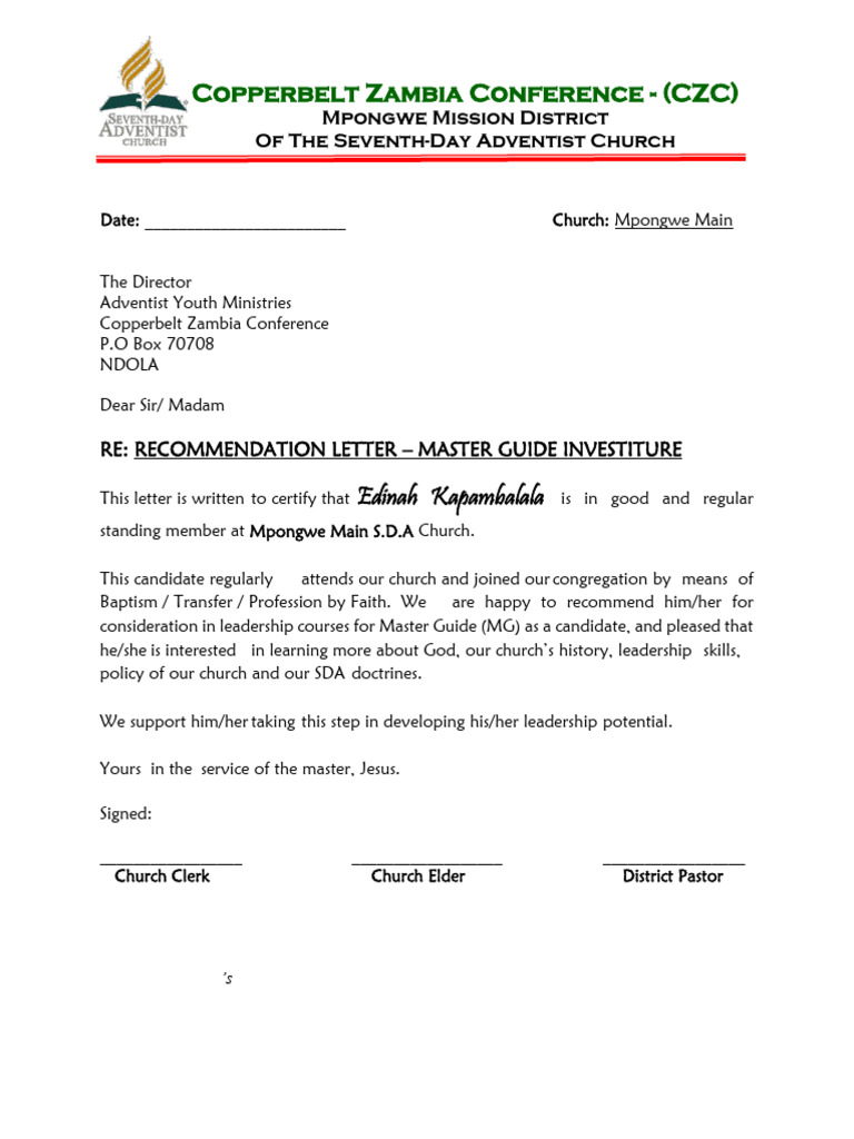 MG Recommendation Letter | PDF | Elder (Christianity) | Seventh Day ...