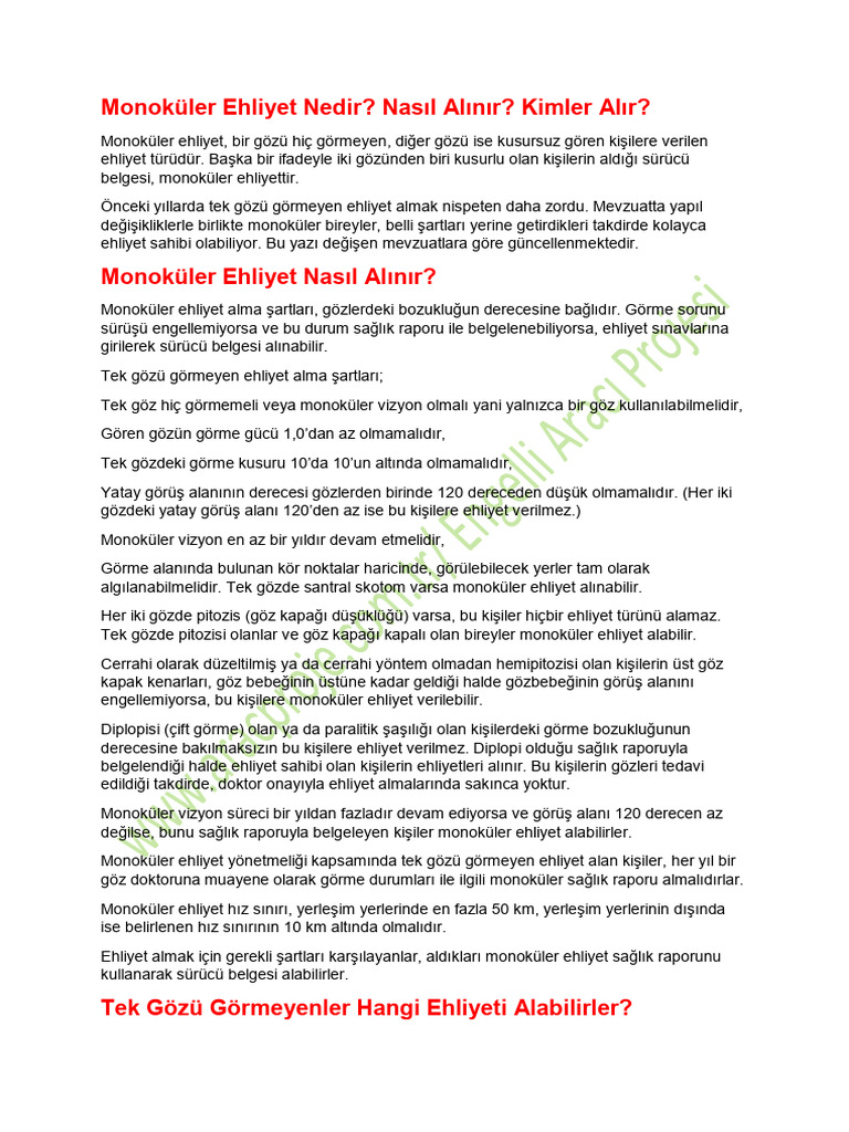 Monoküler Ehliyet Nedir | PDF