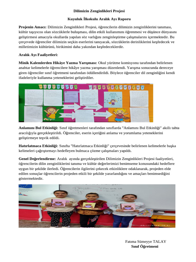 2024-2025 Dilimizin Zenginlikleri Aralık-Ocak Ayı Faaliyet Raporu İlkokul | PDF