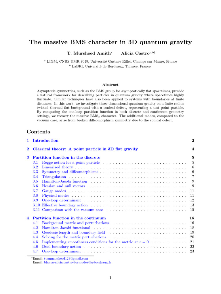 The Massive BMS Character in 3D Quantum Gravity: T. Mursheed Amith Alicia Castro | PDF | Quantum ...