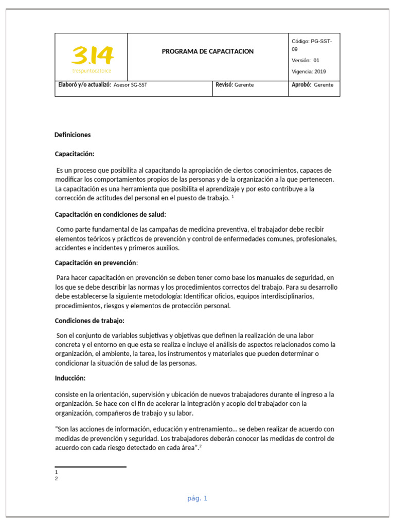 PG-SST-09 Programa de Capacitacion | PDF | Seguridad y salud ocupacional