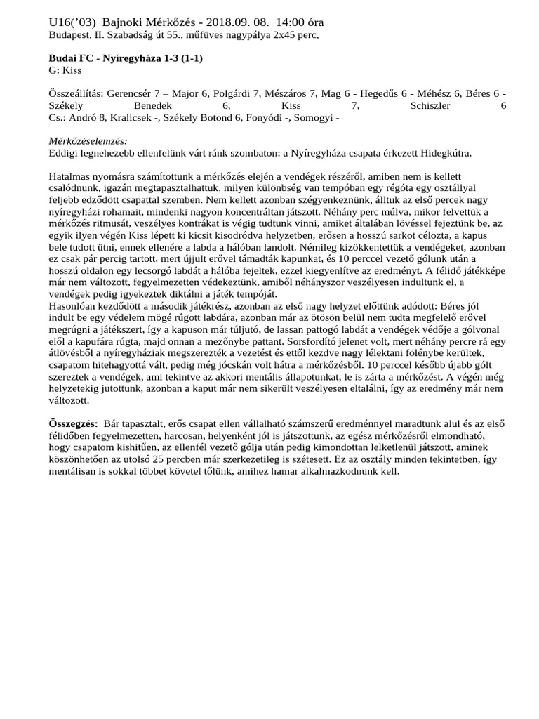 U16(’03) Bajnoki Mérkőzés Szolnok - Budai FC másolata | PDF