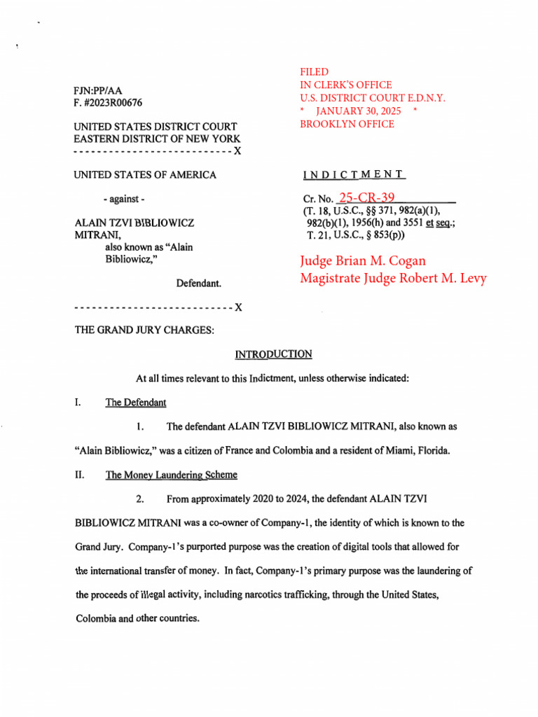25-Cr-39 Alain Tzvi Bibliowicz Mitrani Indictment | PDF