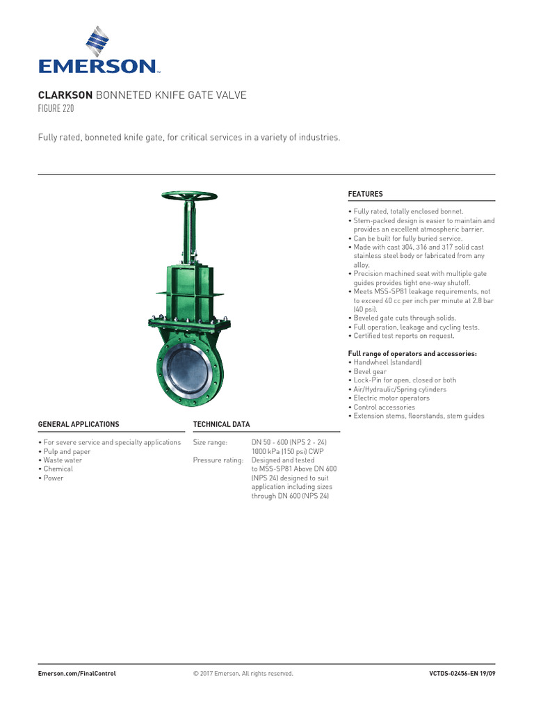 Data Sheets Bonneted Knife Gate Valve Figure 220 Clarkson en en 6000694 ...