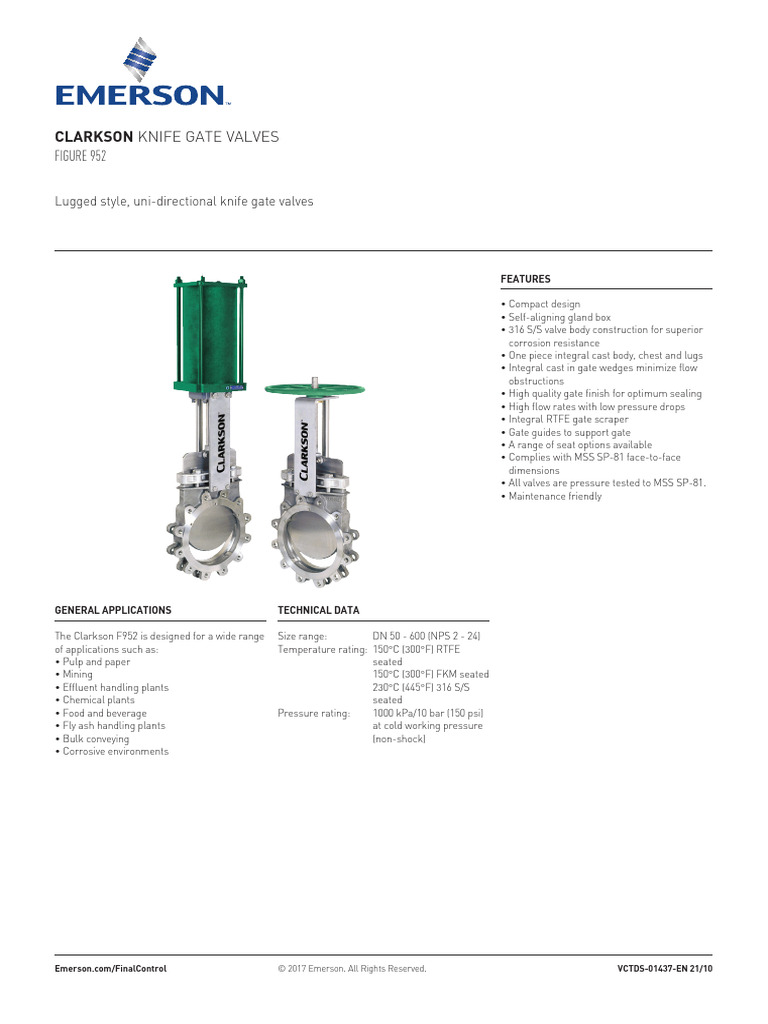 Clarkson F952 Knife Gate Valves | PDF | Valve | Pipe (Fluid Conveyance)