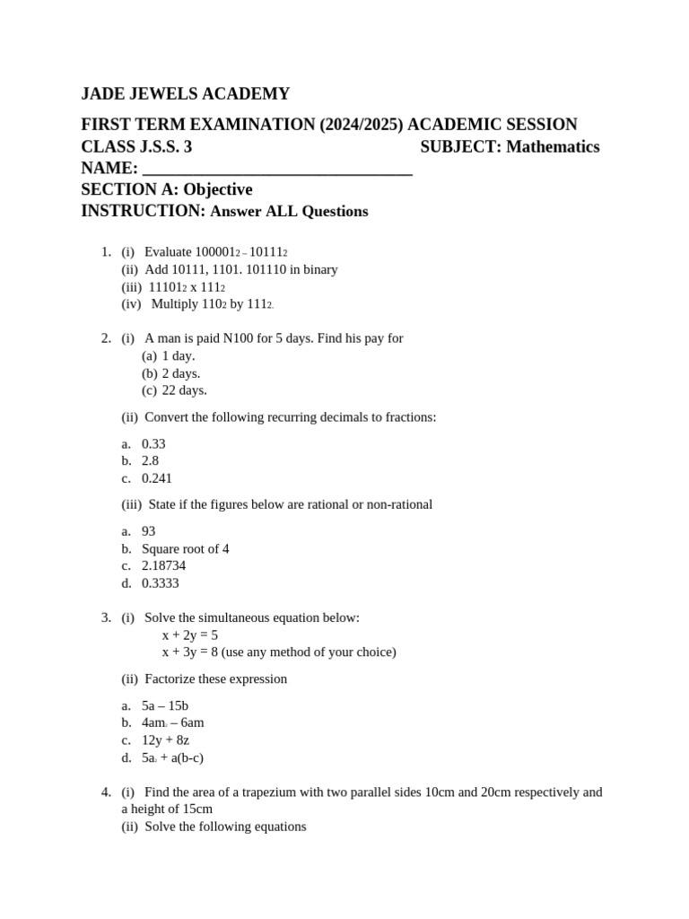 JSS 3 Mathematics Theory | PDF