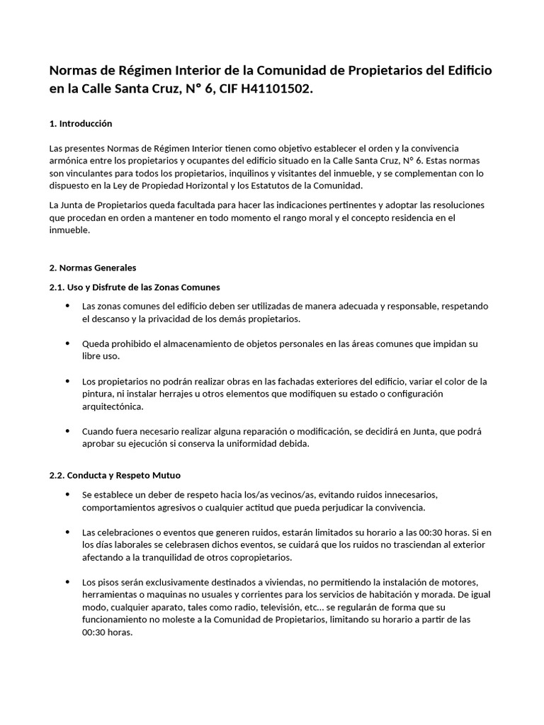 Normas de Régimen Interior de La Comunidad de Propietarios Del Edificio en La Calle Santa Cruz | PDF