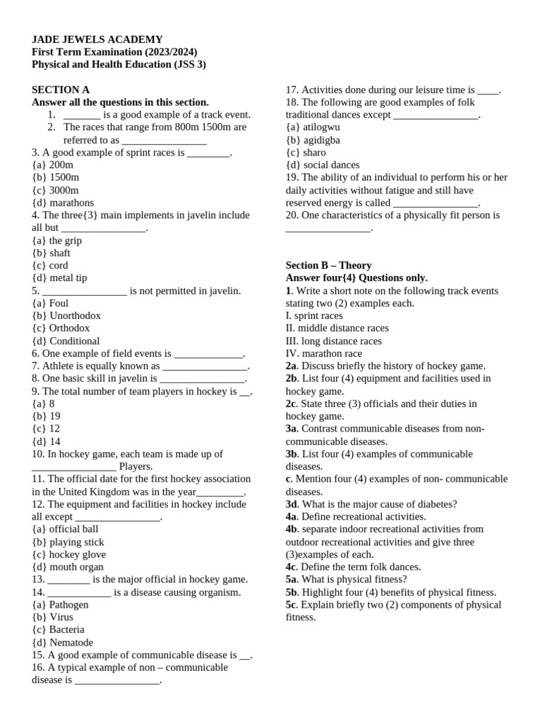 PHE JSS 3 First Term Examination | PDF | Track And Field | Infection
