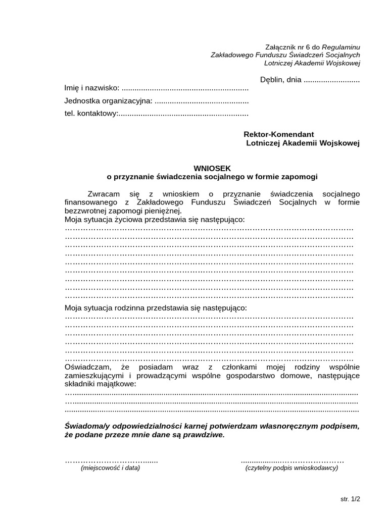 Zal 6 Wniosek o Przyznanie Zapomogi | PDF