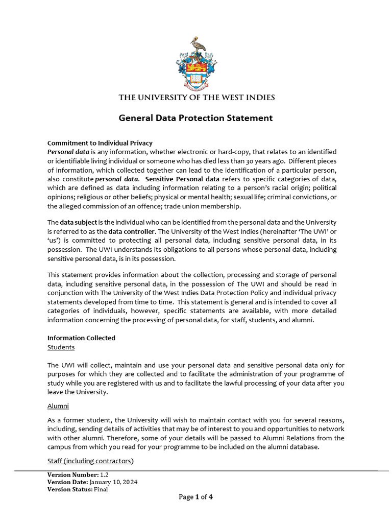 UWI General Data Protection Statement | PDF | Information Privacy ...