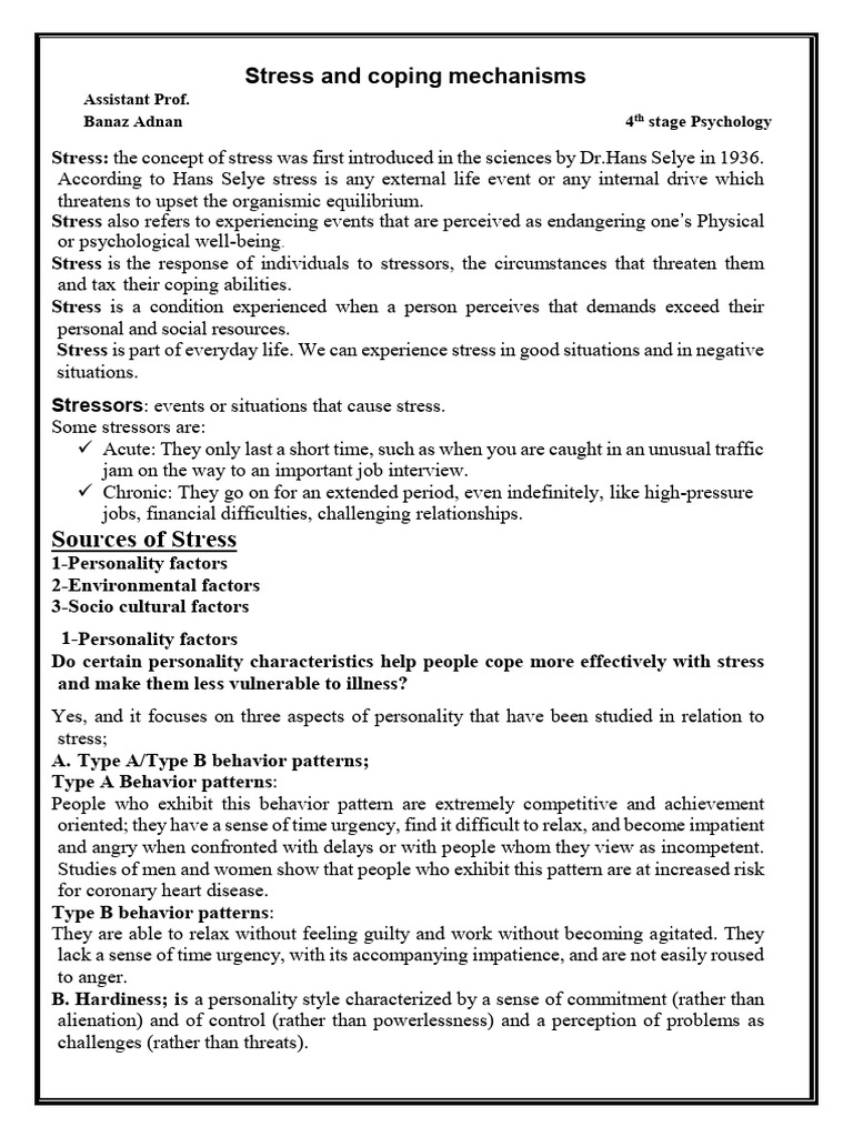 Psychology - Lecture - 2 - Stress - Coping - Mechanisms - DR - Banaz Compressed | PDF | Stress ...