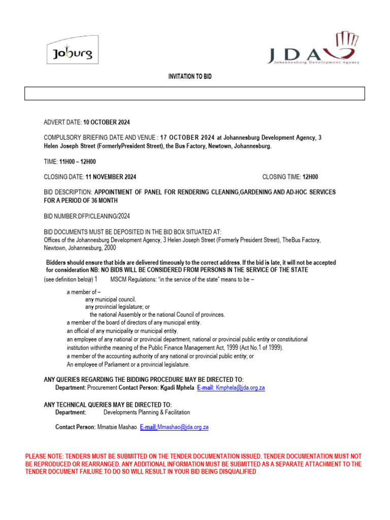 RFP-FOR-PANEL-FOR-RENDERING-OF-CLEANINGGARDENING-AND-AD-HOC-SERVICES-FOR-THE-JDA-1 | PDF | Hygiene