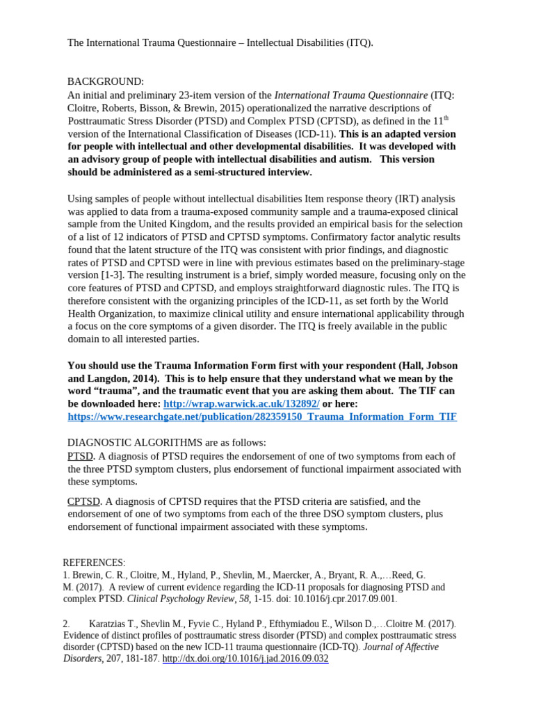 International Trauma Questionnaire for ID | PDF | Complex Post ...