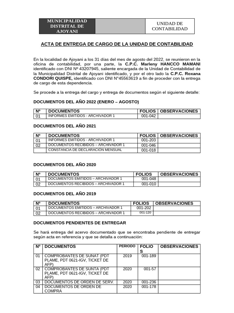 ACTA DE ENTREGA DE CARGO 2021-II contabilidad | PDF | Gobierno