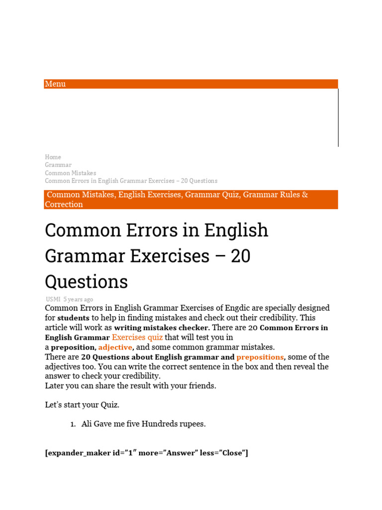 Common Errors in English Grammar Exercises 20 Questions | PDF | English Language | English Grammar