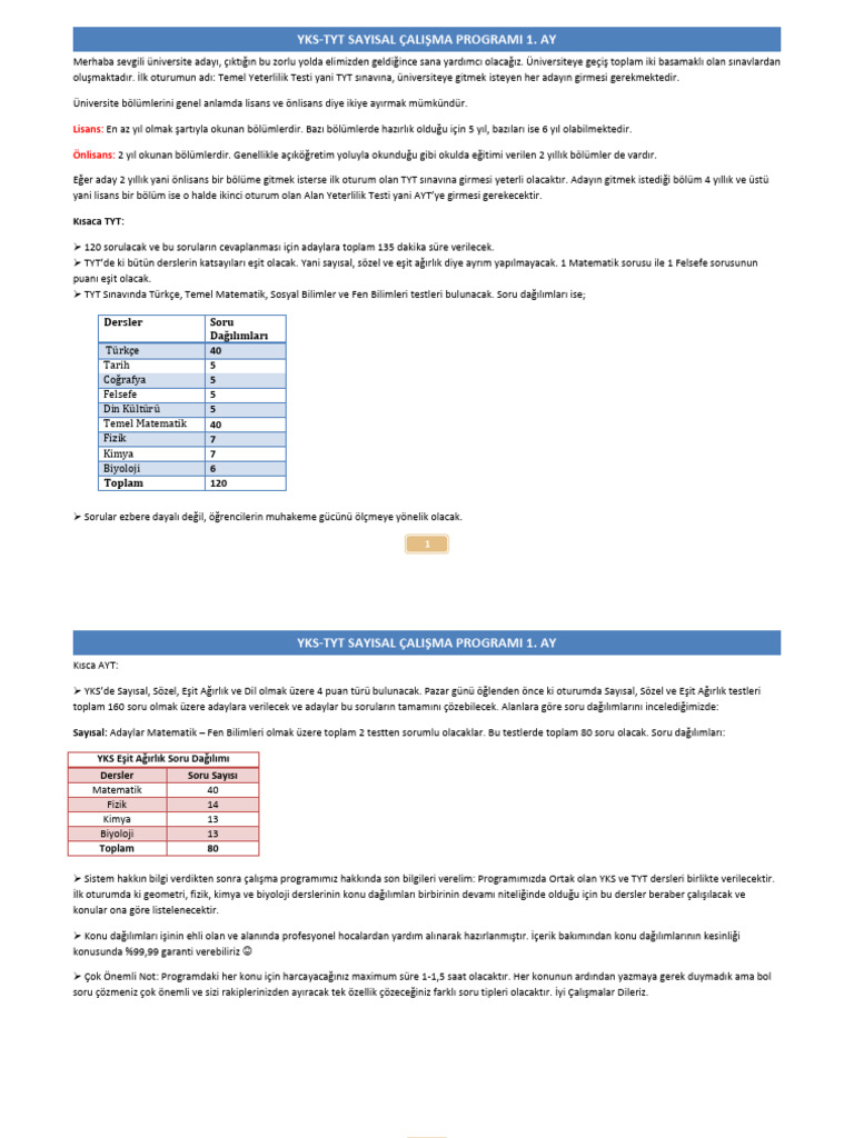 Yks Tyt Sayisal Calisma Programi 1 Ay | PDF
