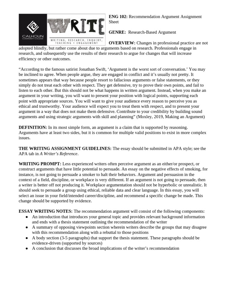 Research Based Argument Assignment Sheet ENG 102 | PDF | Argument | Apa ...