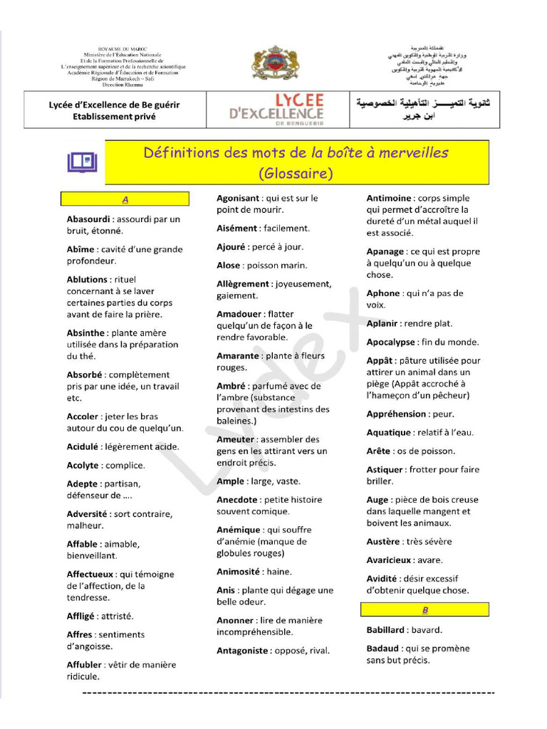 Vocabulaire La Boîte À Merveilles | PDF