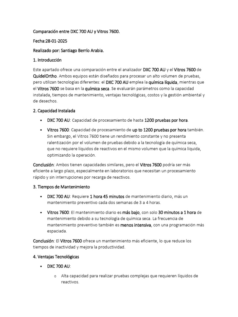 Comparación Entre DXC 700 AU y Vitros 7600 | PDF | Agua | Residuos
