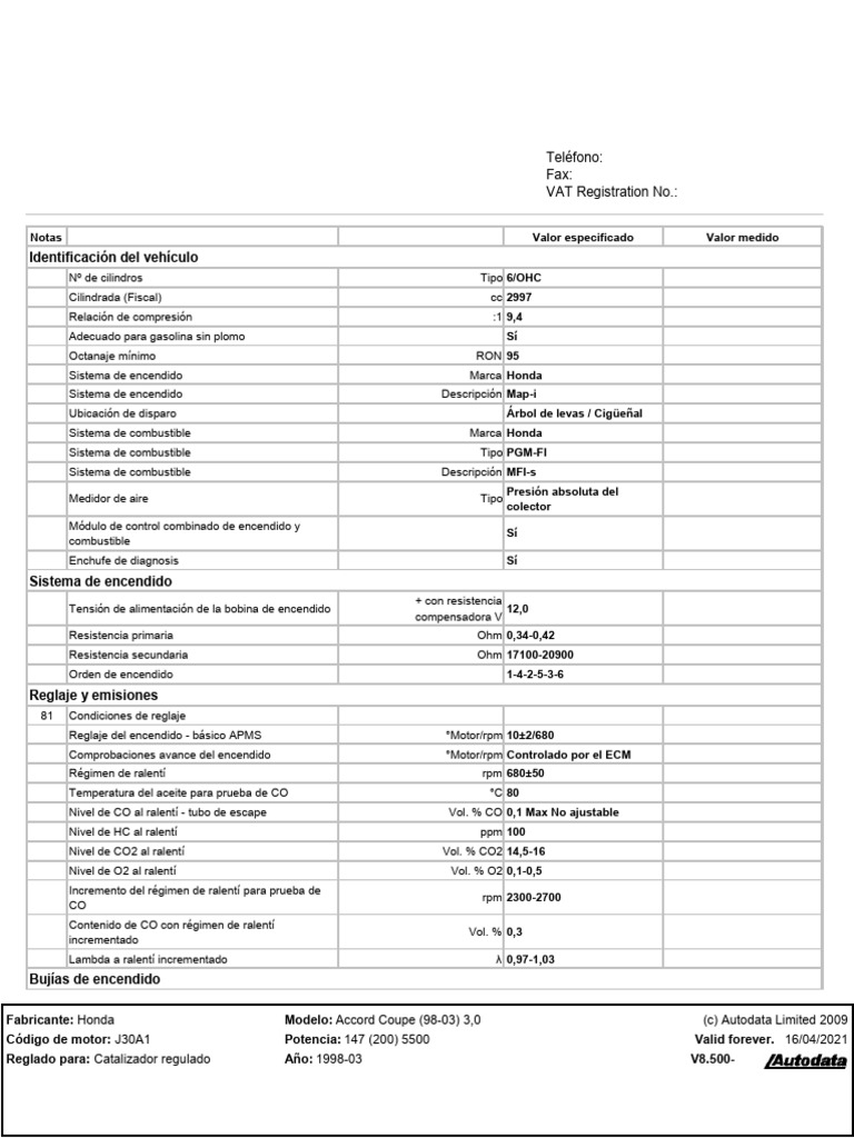 J30A1 Honda Accord | PDF | Tornillo | Motores